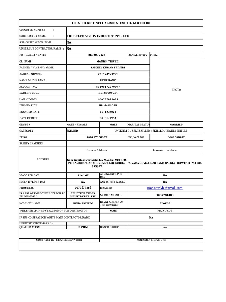 01 Workmen Information Manish Trivedi | PDF