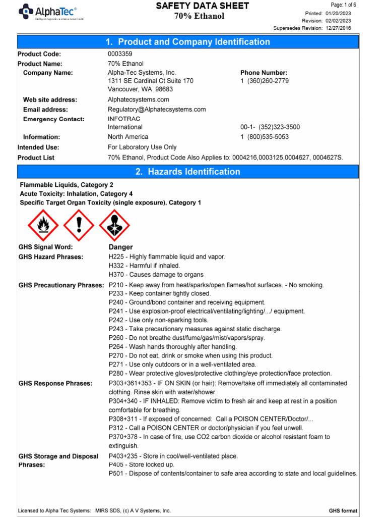 MSDS Ethanol 70% | PDF | Dangerous Goods | Ethanol