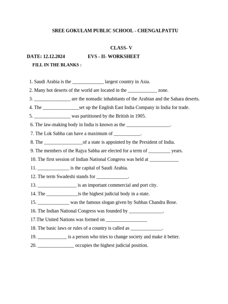 Class 5 EVS Worksheet - Chapter 2 | PDF
