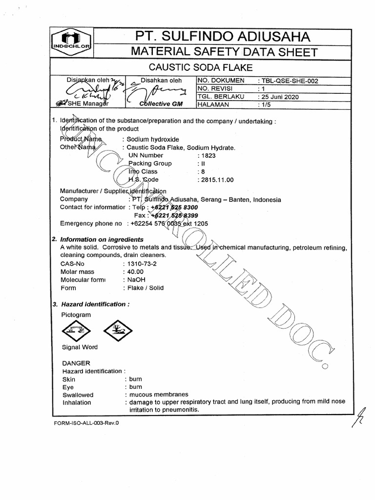 MSDS Caustic Soda Flake NaOH Flake 98 | PDF