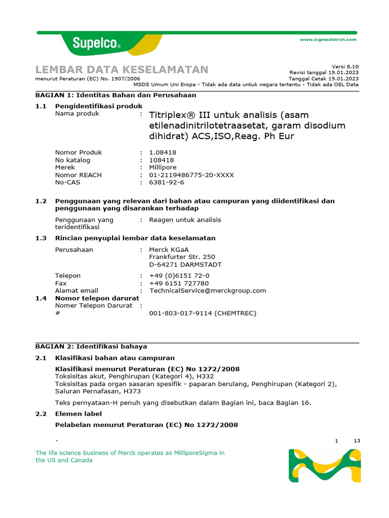 MSDS - 1.08418 - Titriplex III | PDF