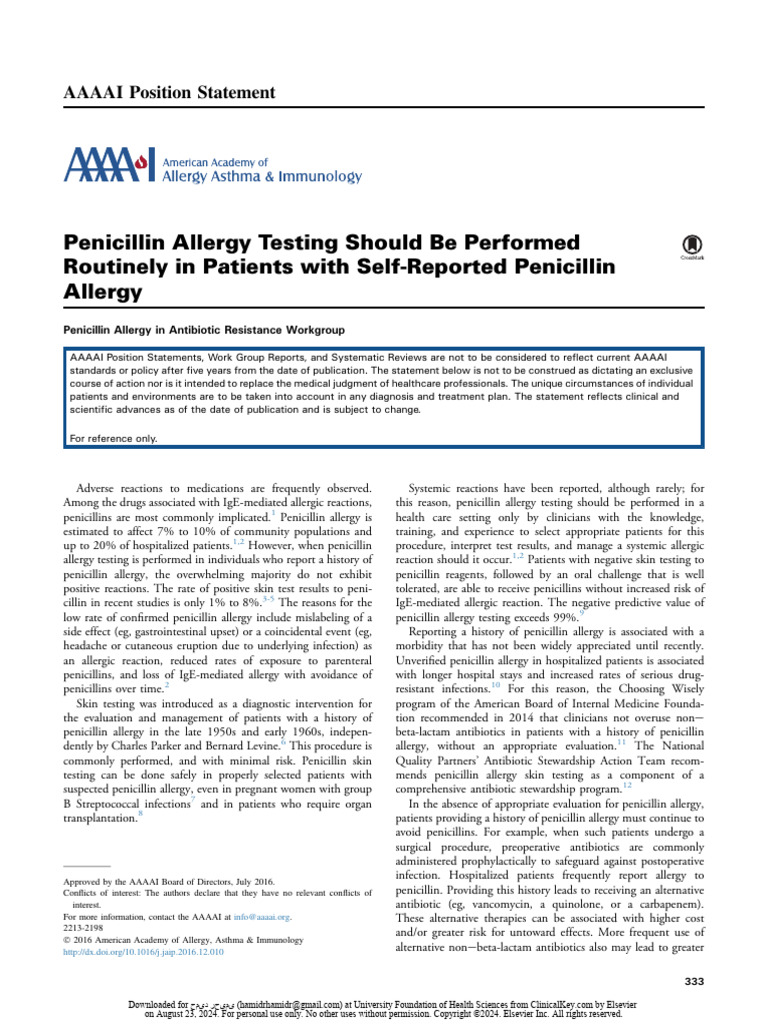 2016 Penicillin Allergy Testing Should Be Performed Routinely in ...