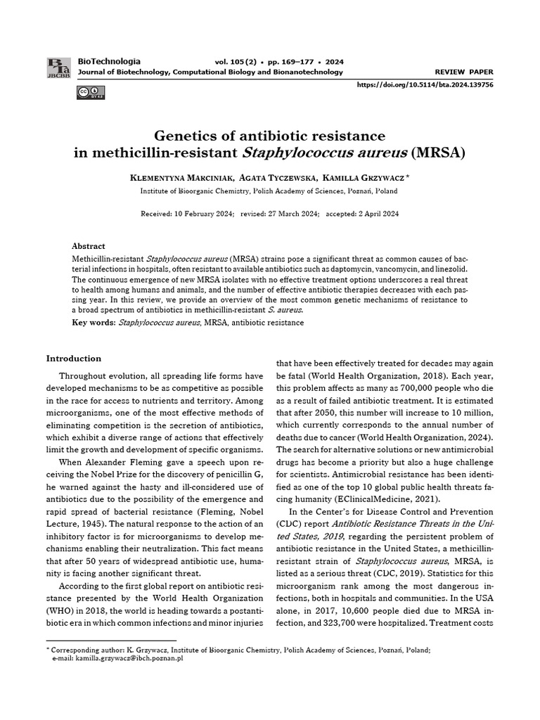 2024 Genetics of antibiotic resistance in methicillin-resistant Staphylococcus aureus (MRSA ...