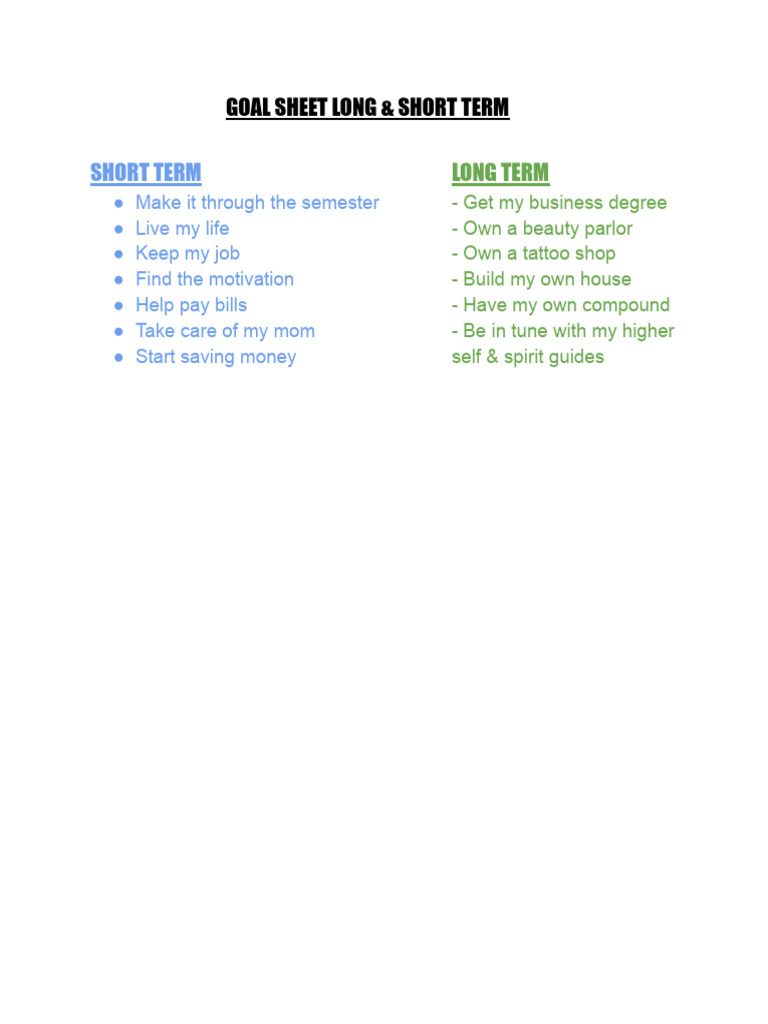 Goal Sheet: Short & Long Term Plans | PDF
