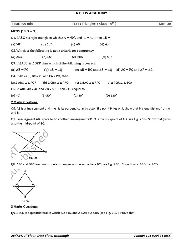 Triangle Congruence and Properties Test | PDF | Triangle | Triangle ...