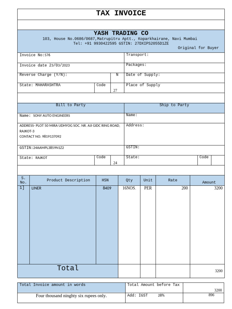 Tax Invoice for Yash Trading Co. | PDF | Public Administration ...