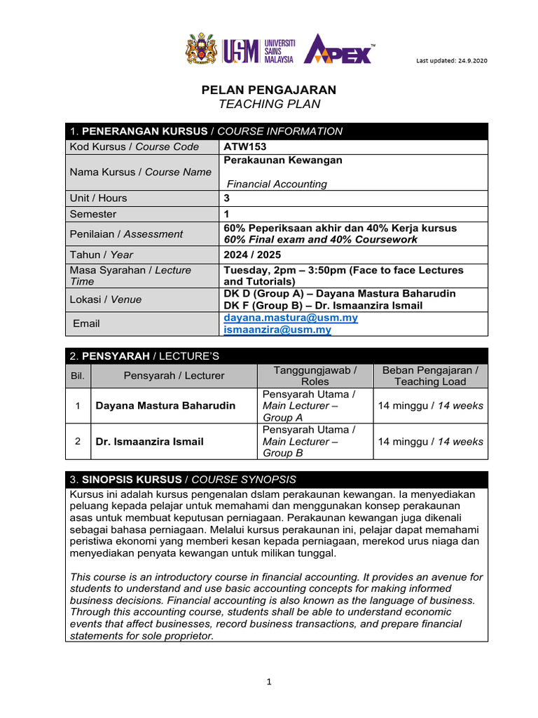 Teaching Plan - ATW153 - Financial Accounting - Sem1 - 2024 - 2025 - 121023 - vFINAL | PDF ...