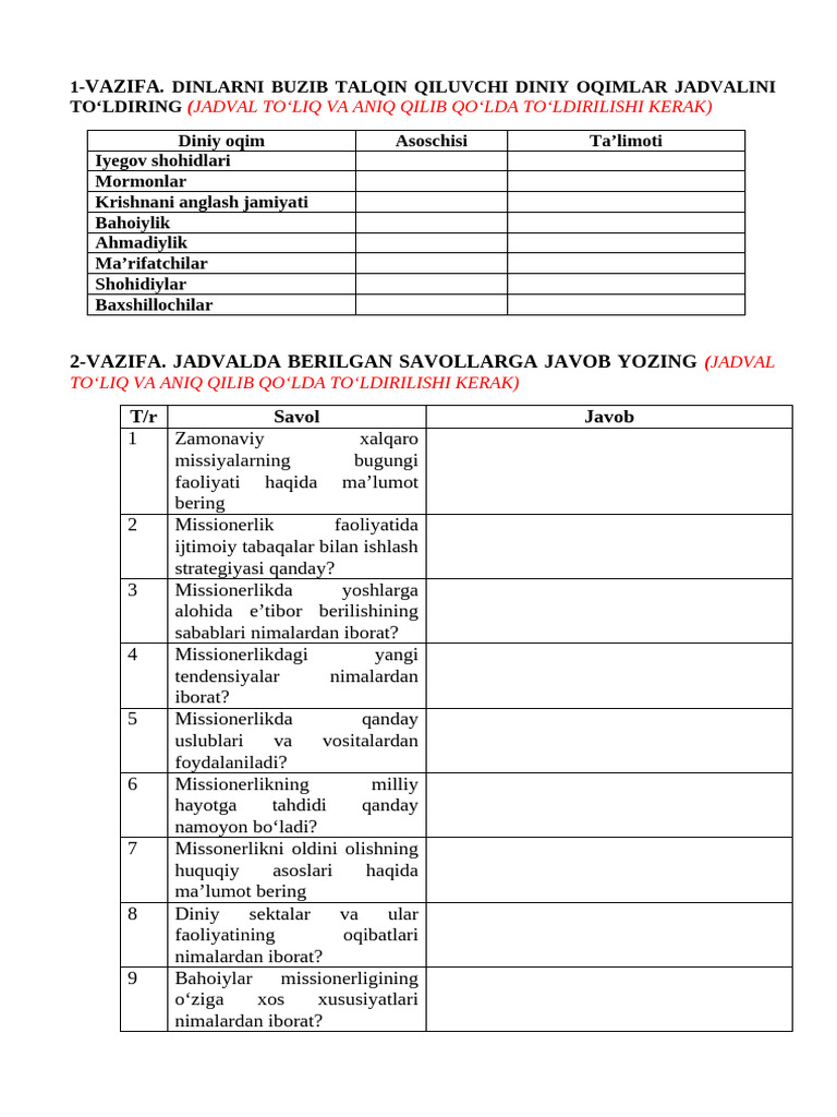 Vazifa: Jadval To Liq Va Aniq Qilib Qo Lda To Ldirilishi Kerak) | PDF