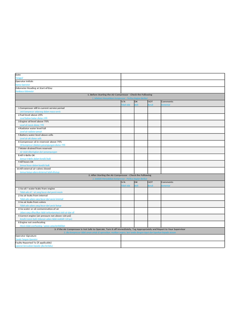 Compressor Daily Pre-Checklist Book | PDF