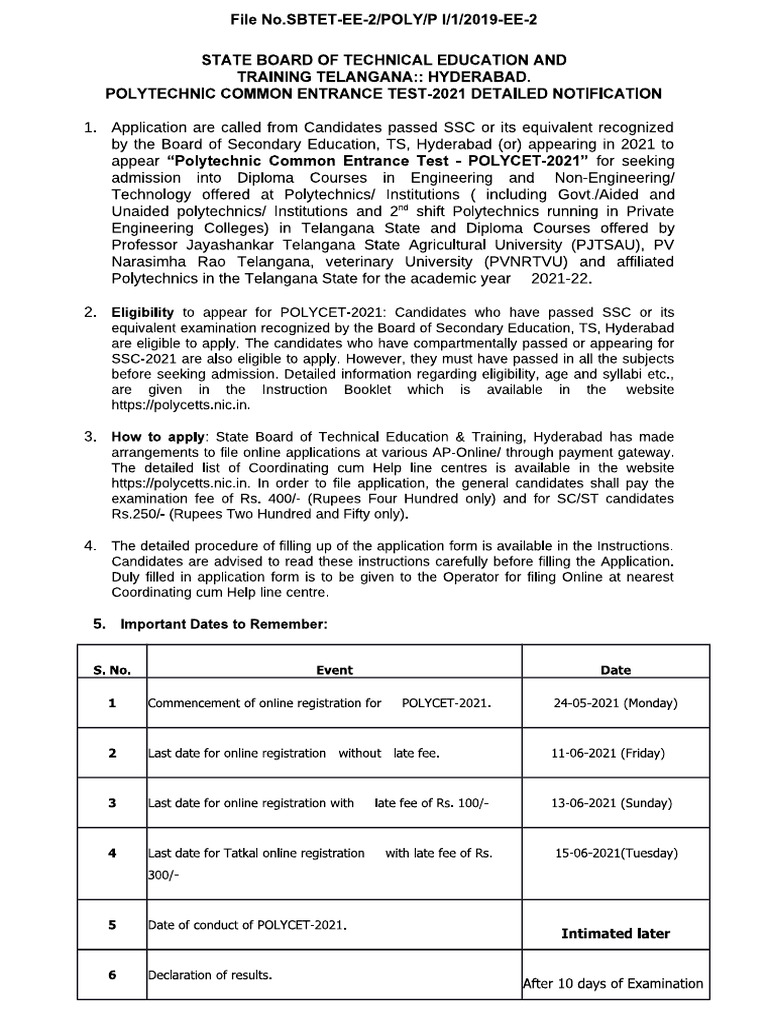 Polycet 2021 Detailed Notification | PDF