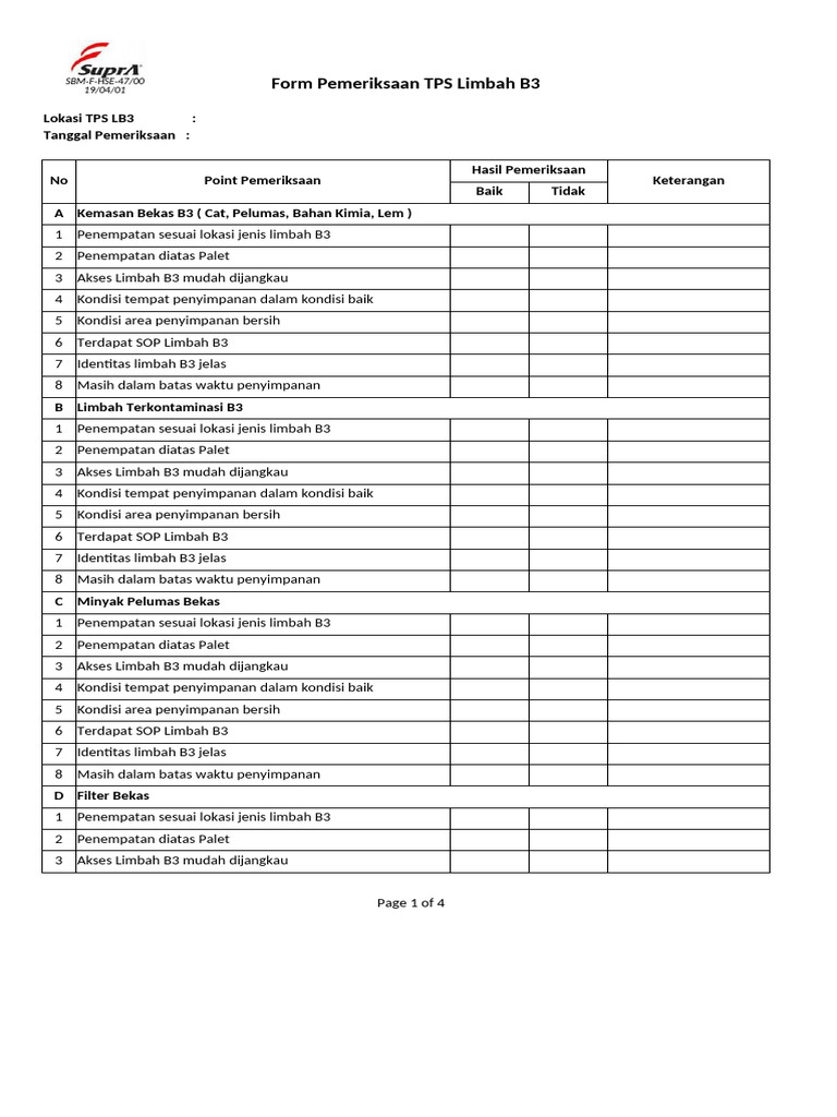 47.SBM-F-HSE-47 Form Pemeriksaan TPS Limbah B3_R0 | PDF