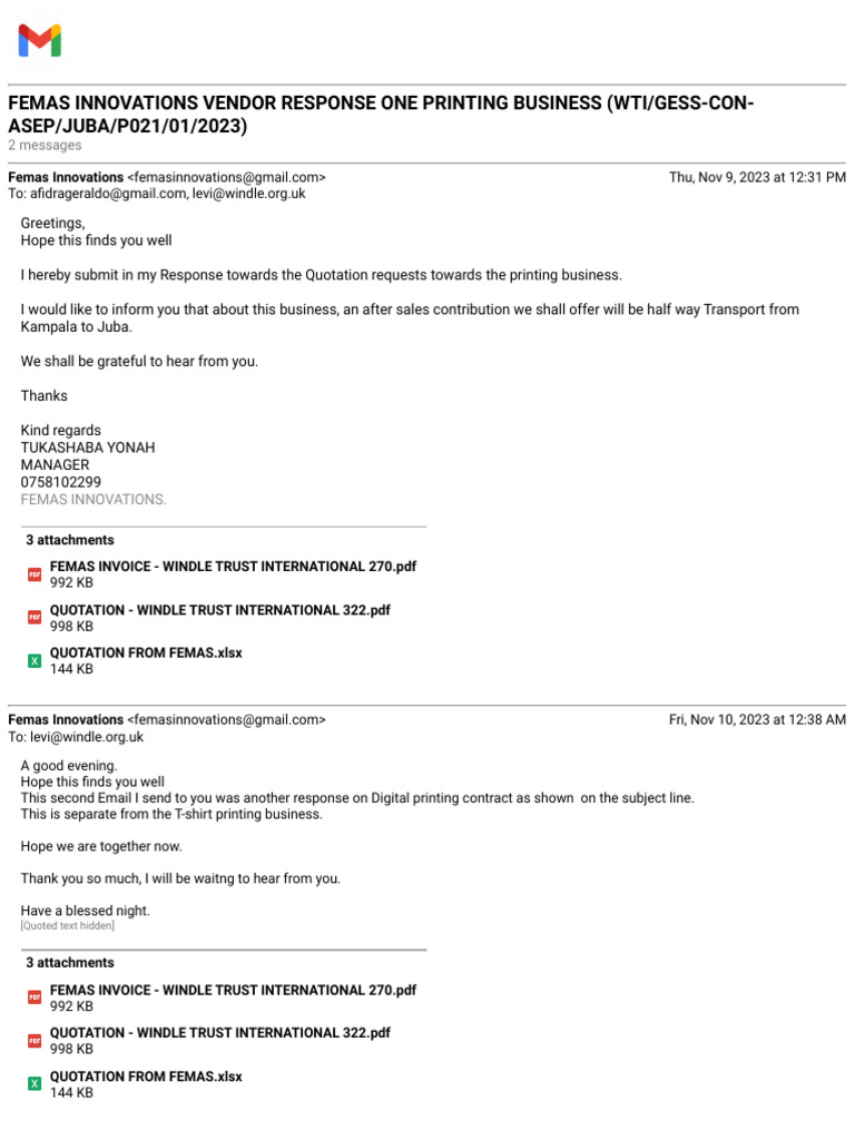 Gmail - FEMAS INNOVATIONS VENDOR RESPONSE ONE PRINTING BUSINESS (WTI - GESS-CON-ASEP - JUBA ...