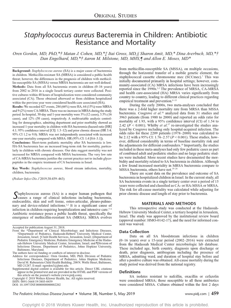 2019 Staphylococcus Aureus Bacteremia in Children Antibiotic Resistance and Mortality | PDF ...