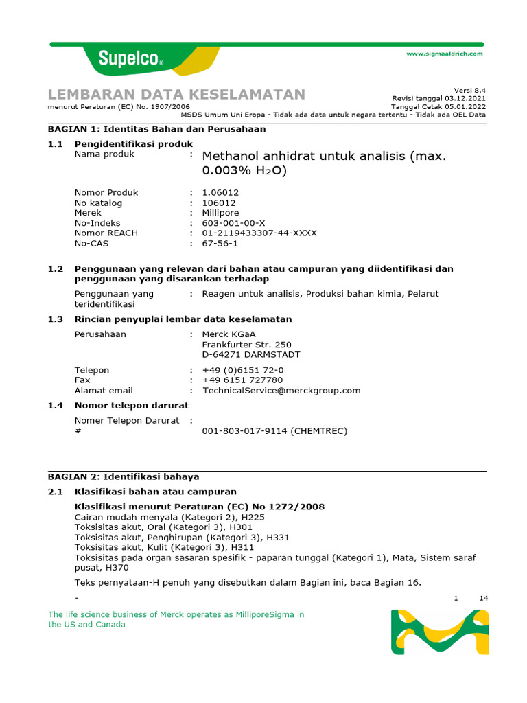 MSDS_1.06012_Methanol Dried | PDF