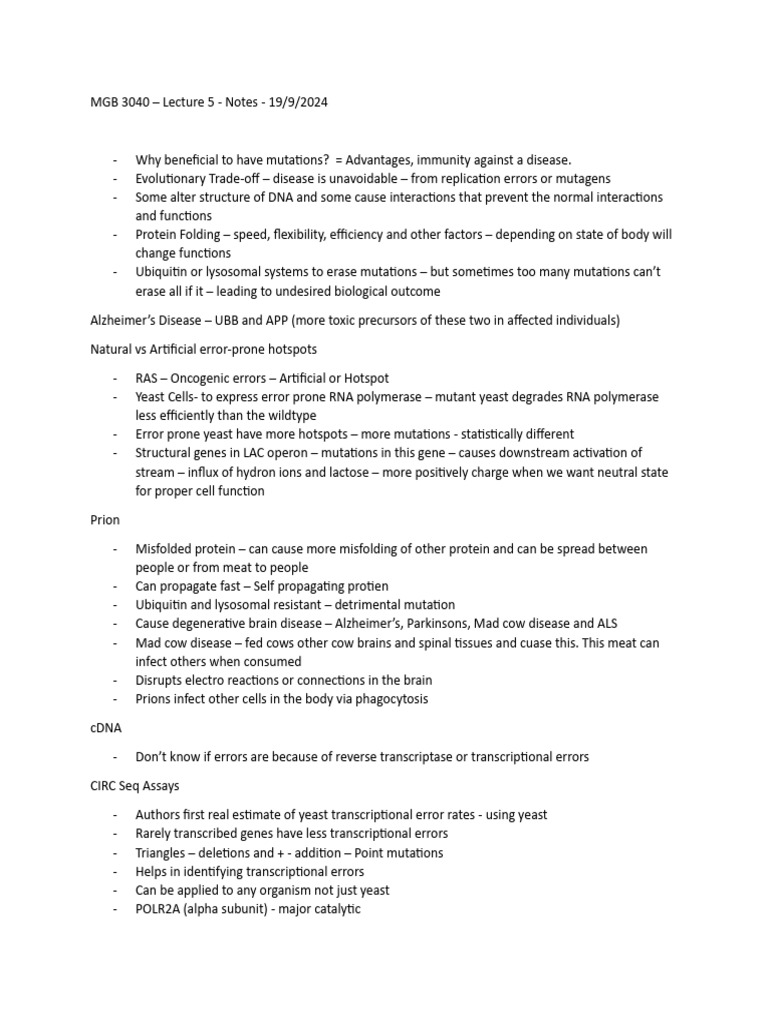 MGB 3040 - Lecture 5 Notes | PDF | Mutation | Gene MGB 3040 - Lecture 5 Notes | PDF | Mutation | Gene