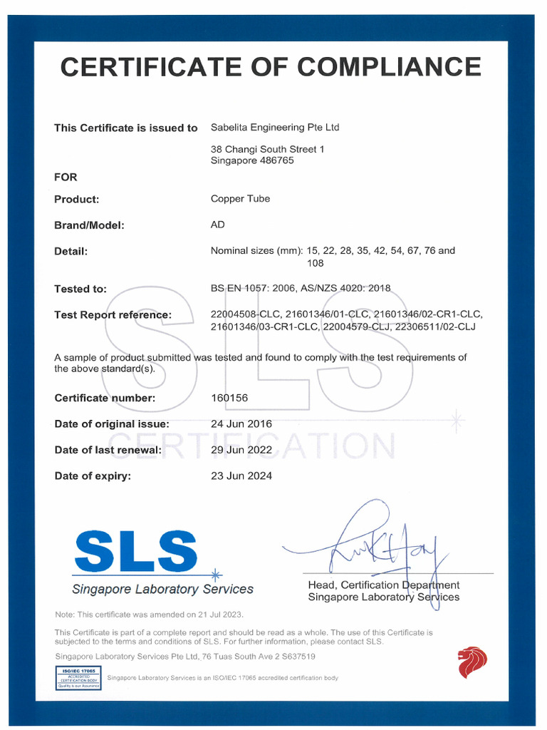 2024 COC AD COPPER tube TEST CERT 1601561 | PDF
