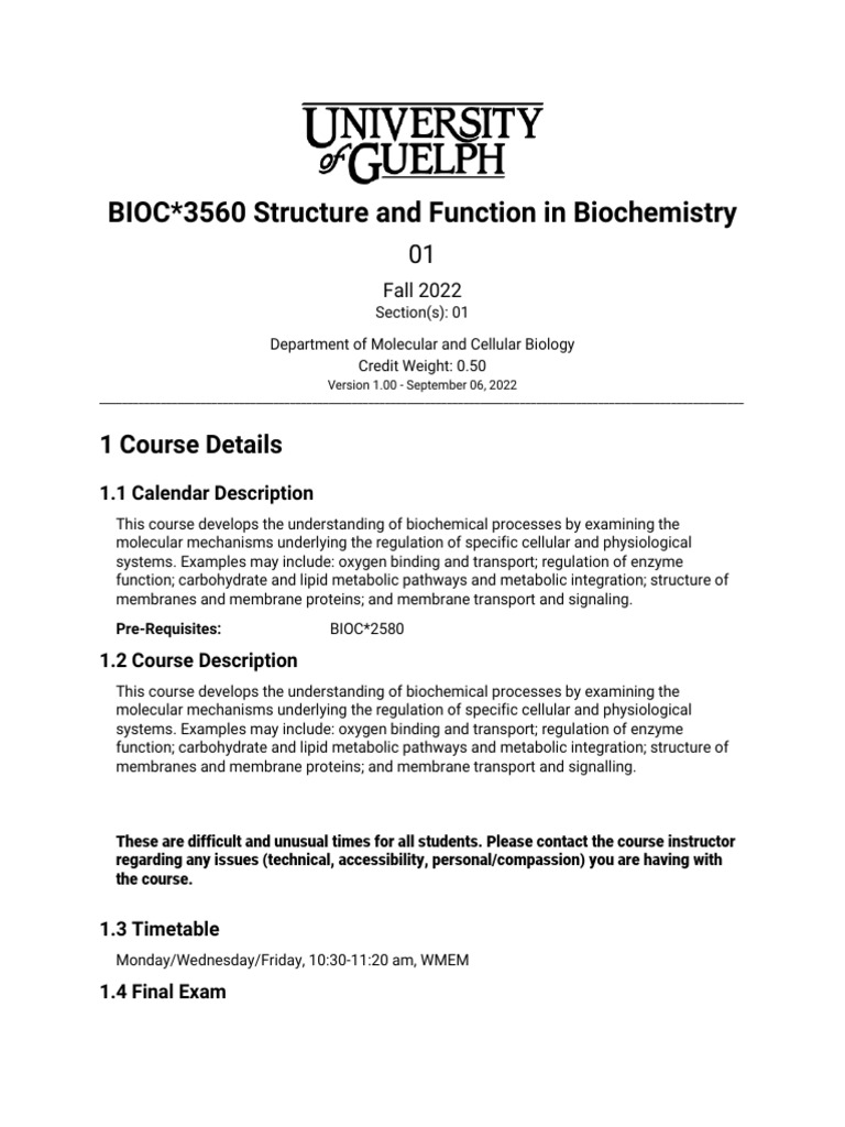 BIOC 3560 - Course Outline F22 | PDF | Metabolism | Biochemistry