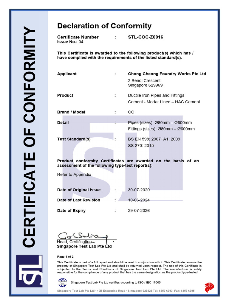 01 DICLPipe&Fitting CC EN598 COCExp260729 | PDF | Pipe (Fluid ...