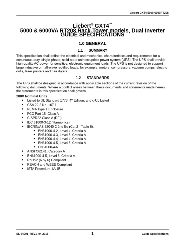 Liebert gxt4 5000 6000va rt208 Rack Tower Models Guide Specifications | PDF | Power Inverter ...