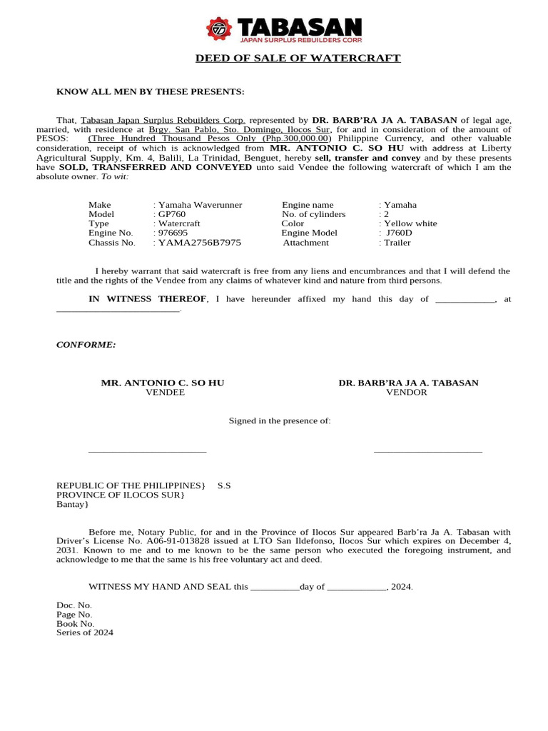 Sale of Yamaha Watercraft by Tabasan Corp. | PDF | Currency | Natural ...