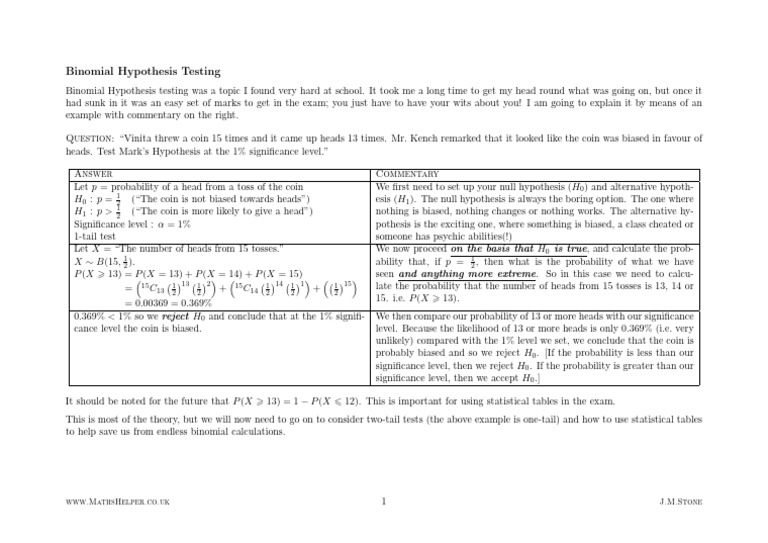 Binomial Hypothesis Testing NOTES | PDF | Statistical Significance ...
