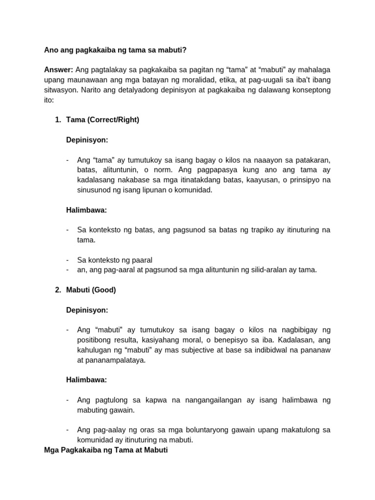 Ano Ang Pagkakaiba NG Tama Sa Mabuti | PDF
