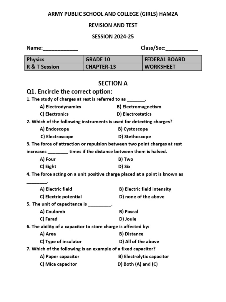 Grade 10 Physics Worksheet on Electrostatics | PDF | Capacitance | Capacitor