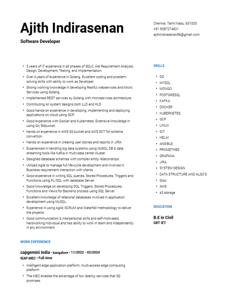 Resume Template For Golanf Developer | PDF | Databases | Postgre Sql