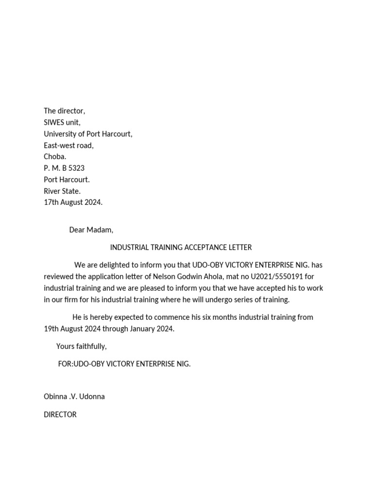 Industrial Training Acceptance Letter | PDF
