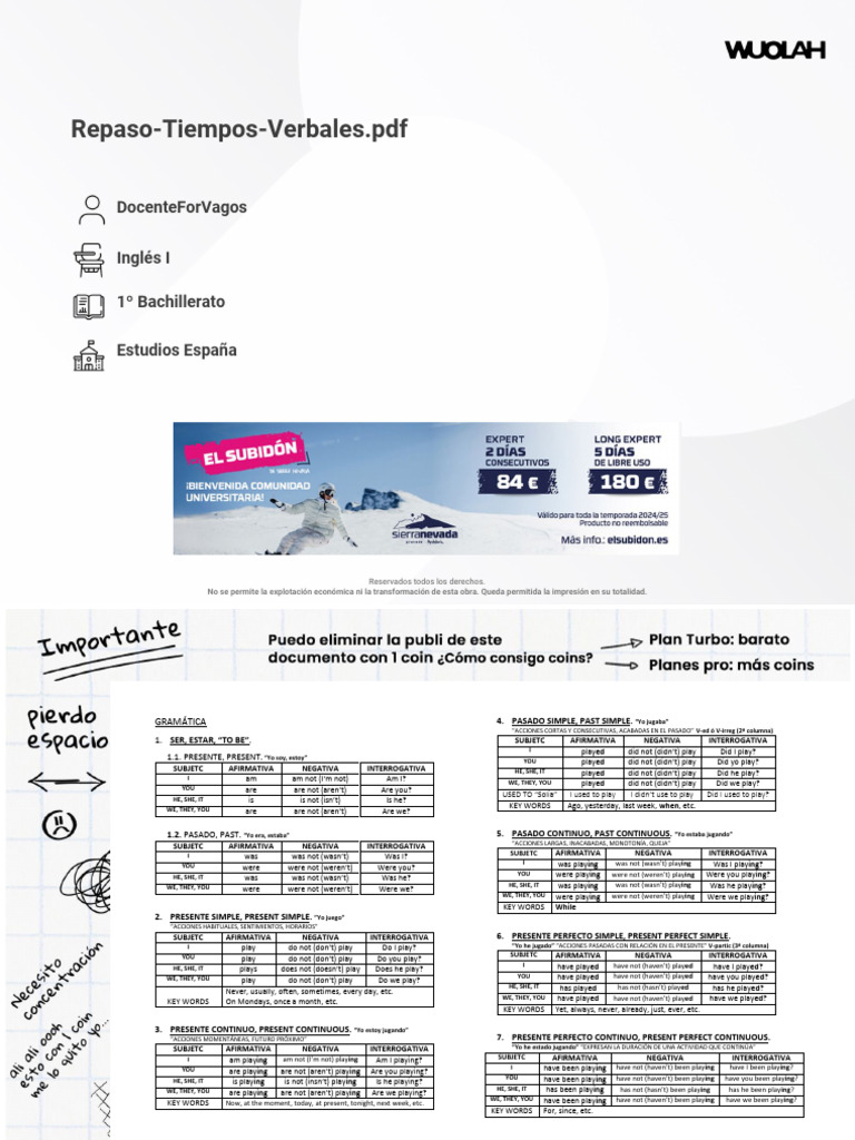 Wuolah Free Repaso Tiempos Verbales | PDF | Semantic Units | Linguistic ...