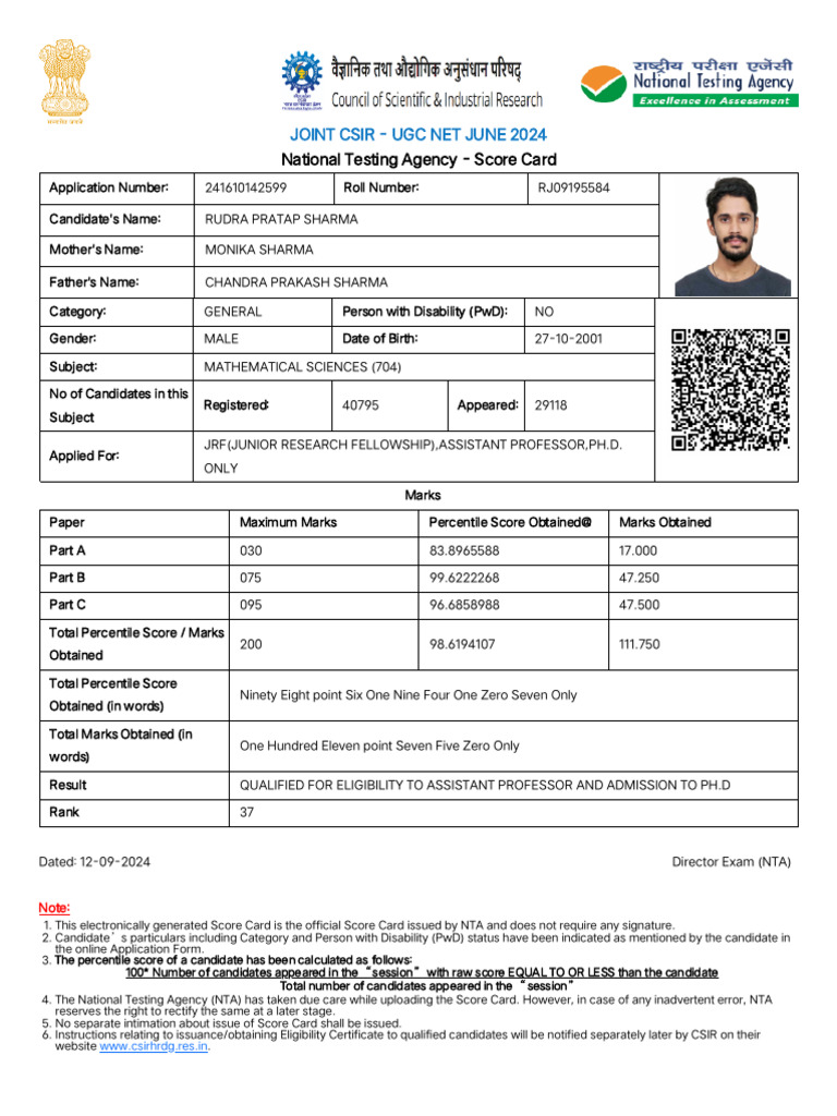 CSIR UGC NET June 2024 Score Card | PDF