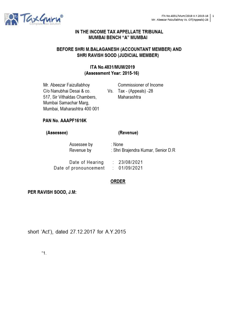 Mr. Abeezar Faizullabhoy Vs CIT ITAT Mumbai | PDF | Interest