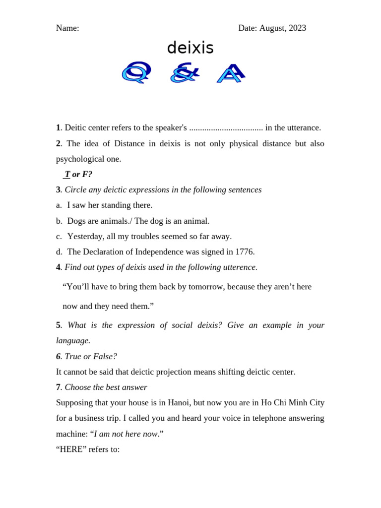 Exercises - Chapter 2 - DEIXIS AND DEITIC EXPRESSIONS | PDF