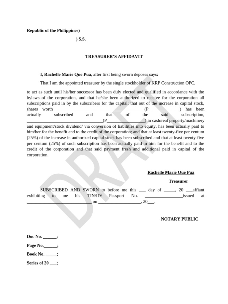 Treasurer's Affidavit for KRP Construction | PDF