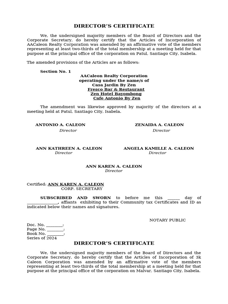 Directors Certificate - Sec Tradename | PDF | Governance | Civil Law ...