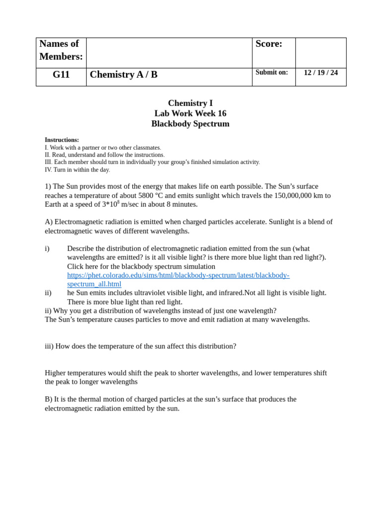 Chemistry I Lab Work Week 16 | PDF | Light | Electromagnetic Radiation