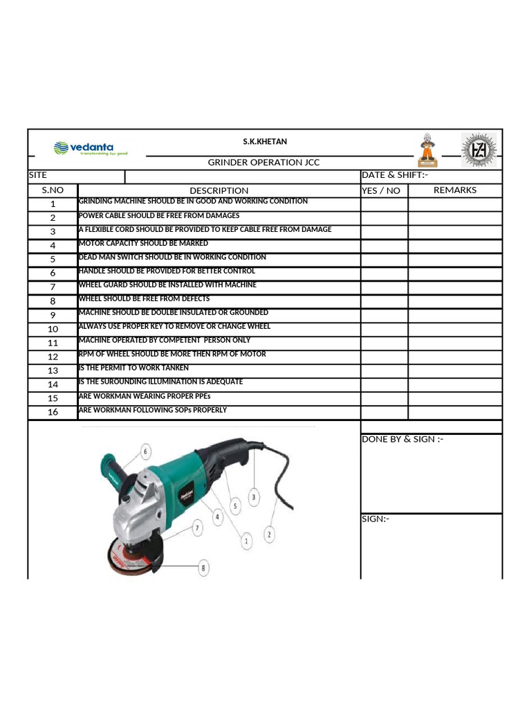 Grinder Operation Safety Checklist | PDF