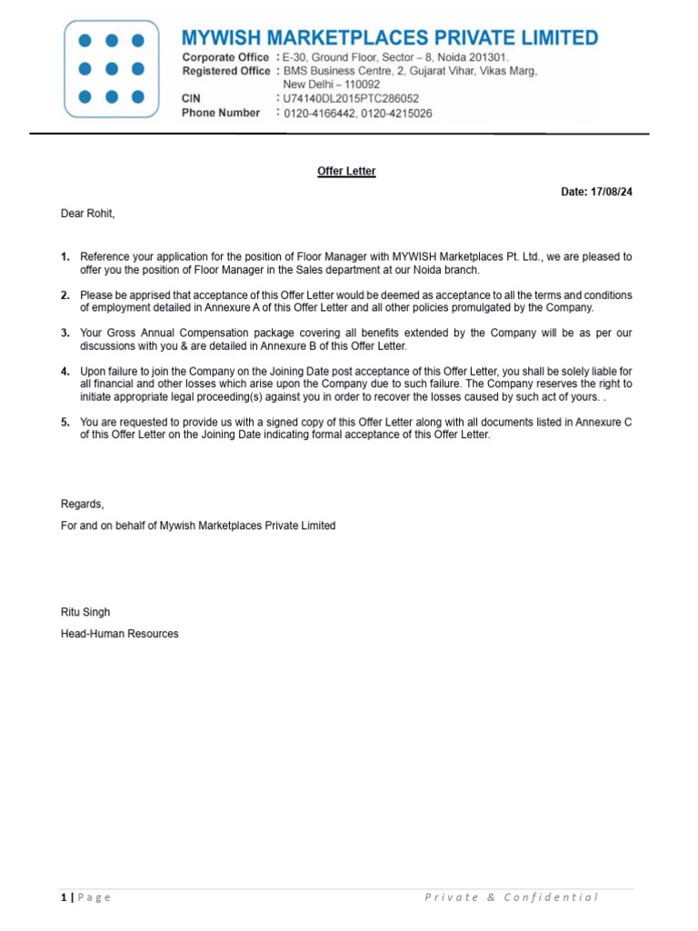 MMPPL - Offer Letter | PDF | Trade Secret | Employment