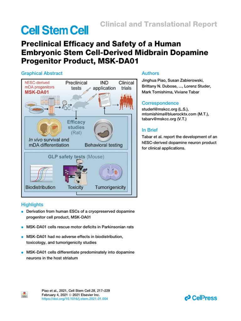 2021 Preclinical Efficacy and Safety of A Human Embryonic Stem Cell-Derived Midbrain Dopamine ...