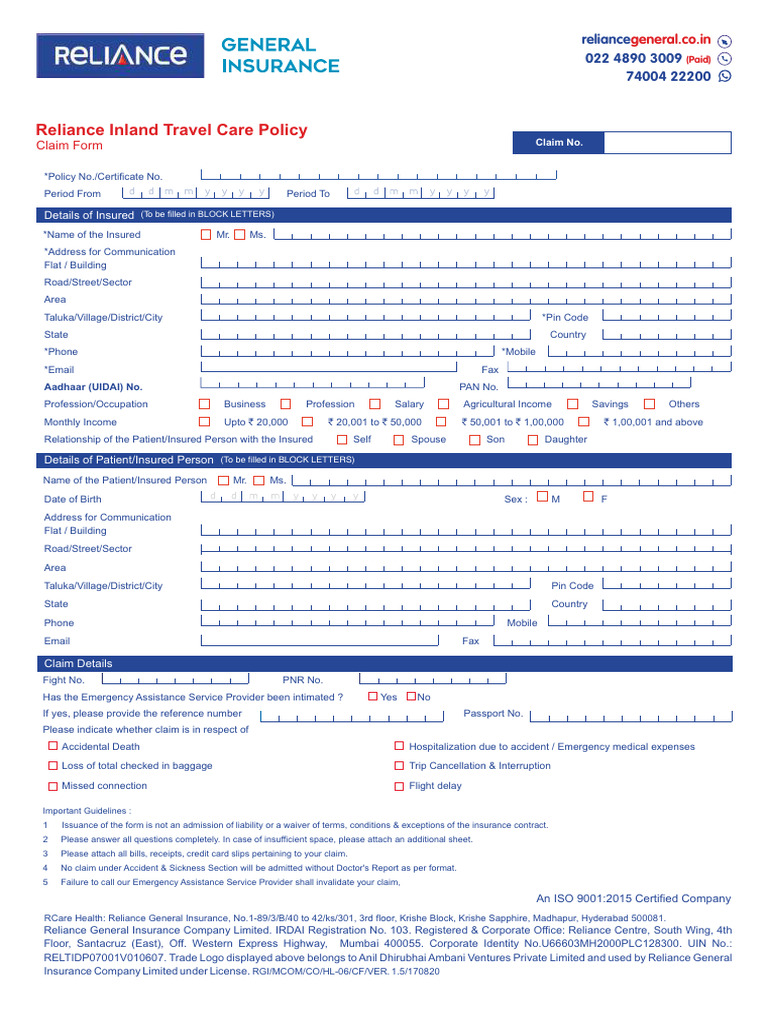 Reliance Inland Travel Main Claim Form | PDF | Insurance | Cheque
