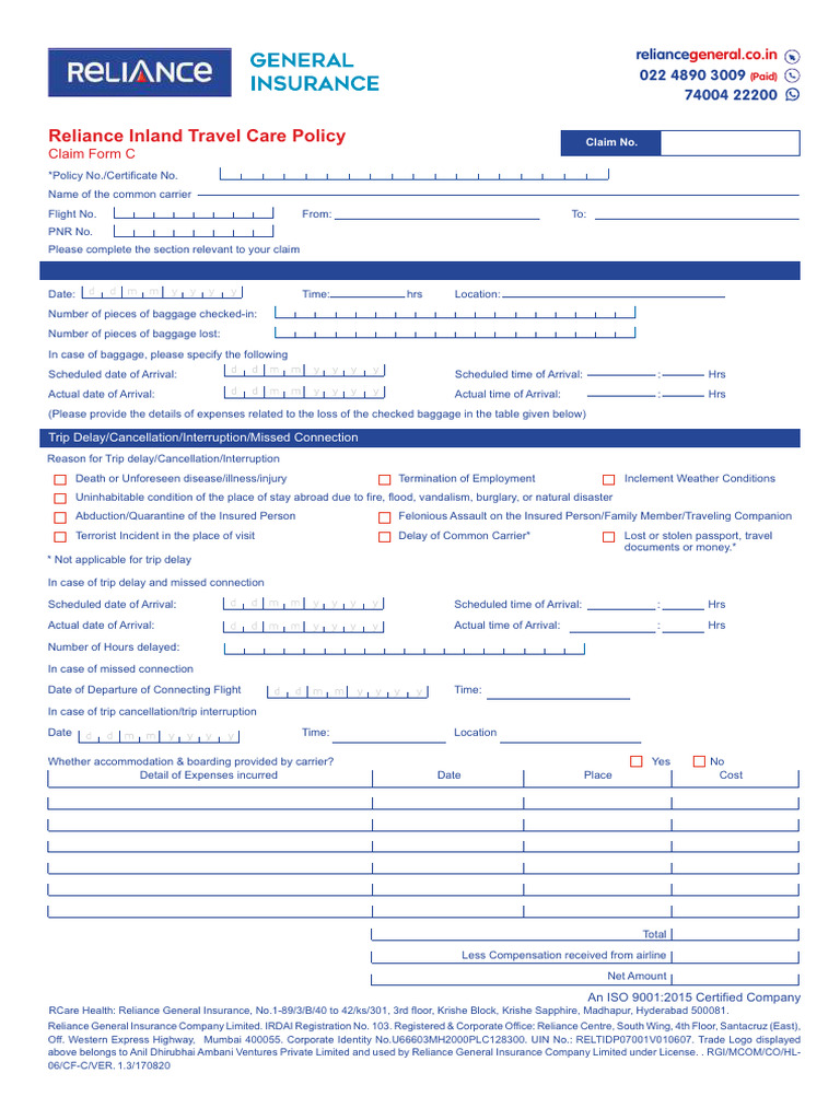 Reliance Inland Travel Claim Form C | PDF | Insurance | Expense