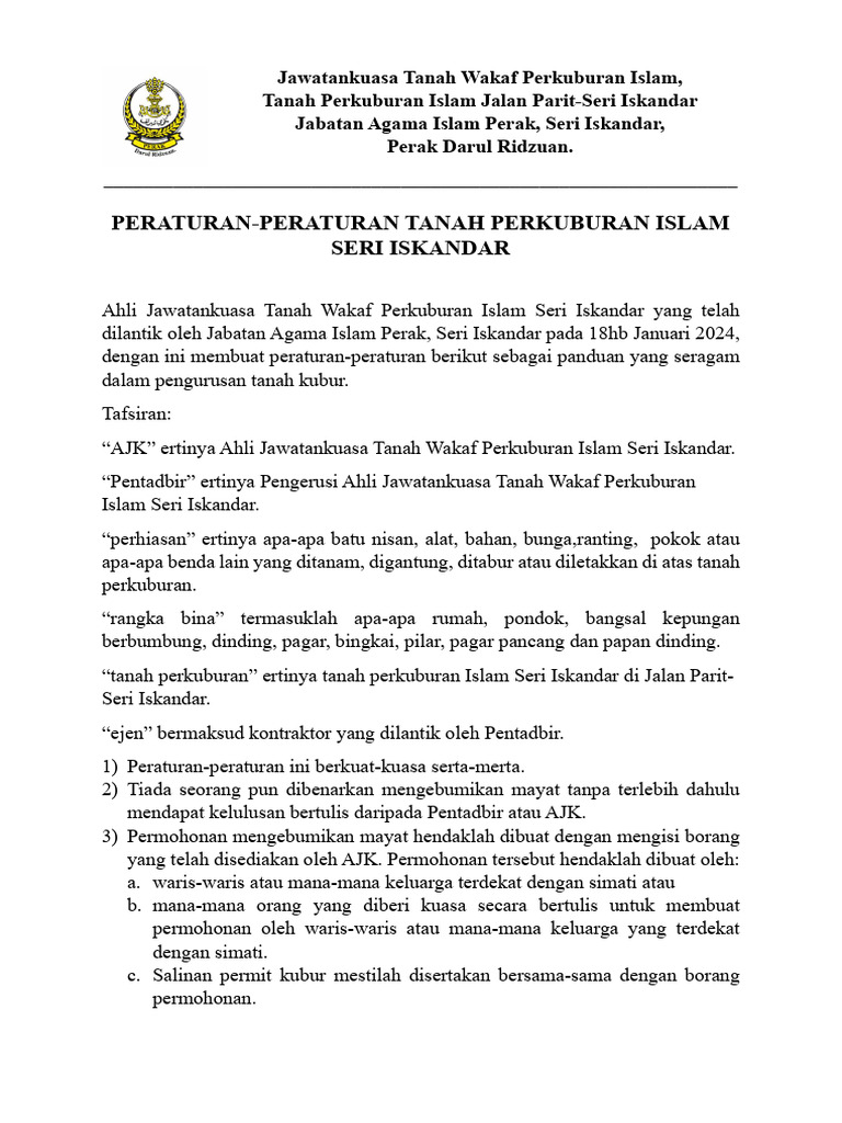 Peraturan-Peraturan Tanah Perkuburan Islam Seri Iskandar | PDF