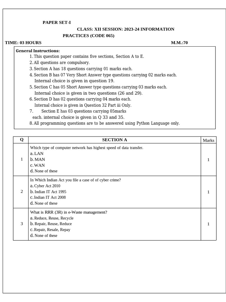 Question - Paper Set (IP) | PDF | Computer Network | Table (Database)