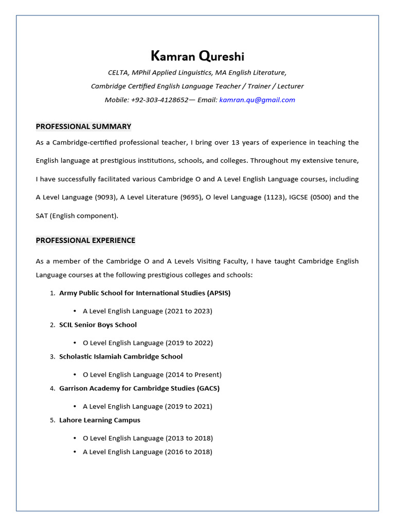 Kamran Qureshi - English Language & Literature (Resume) | PDF | English As A Second Or Foreign ...