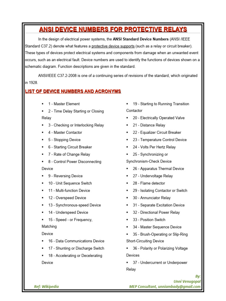ANSI Device Numbers for Relays | PDF | Relay | Switch