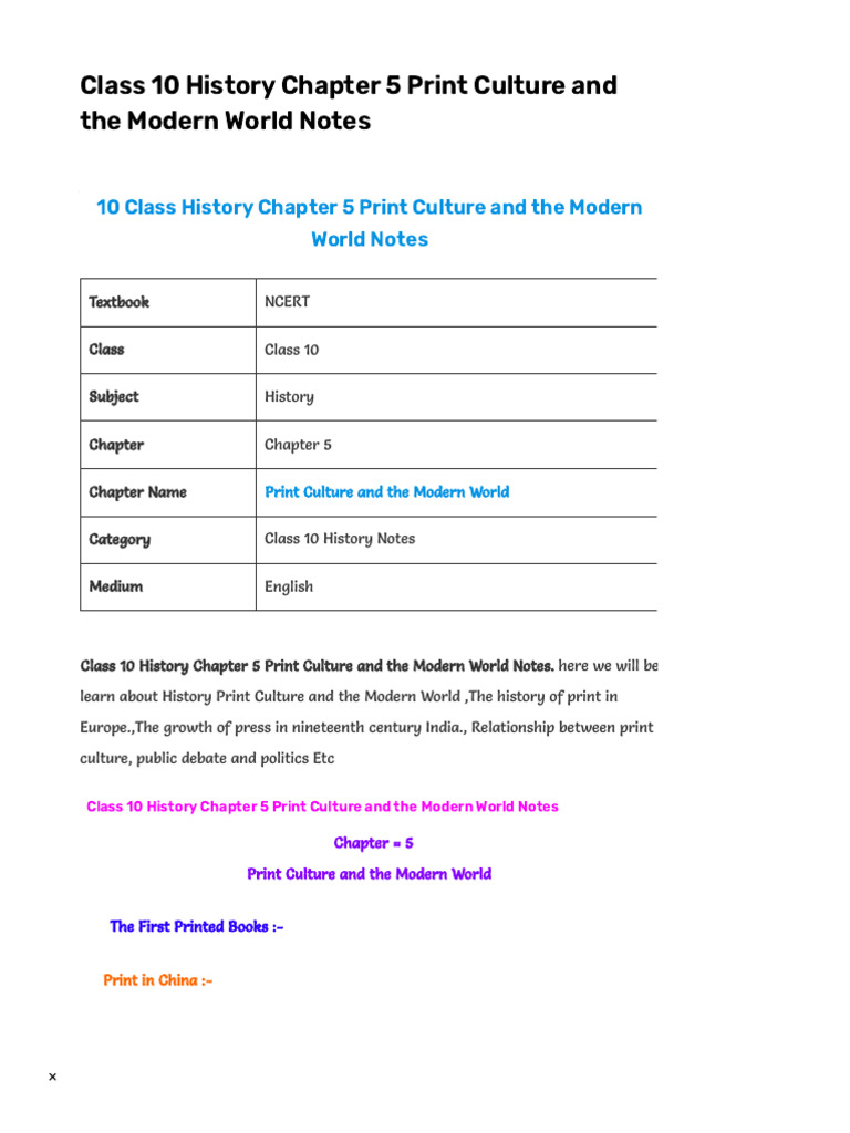 Class 10 History Chapter 5 Print Culture and the Modern World Notes ...