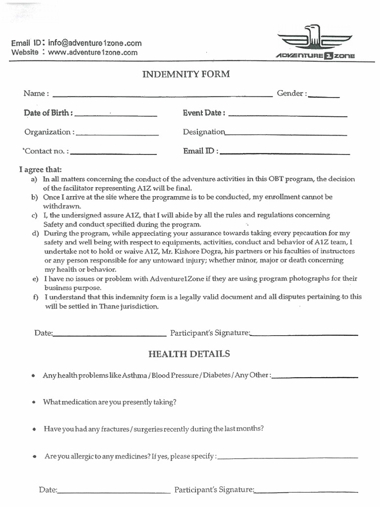 Adventure Zone Indemnity Form | PDF