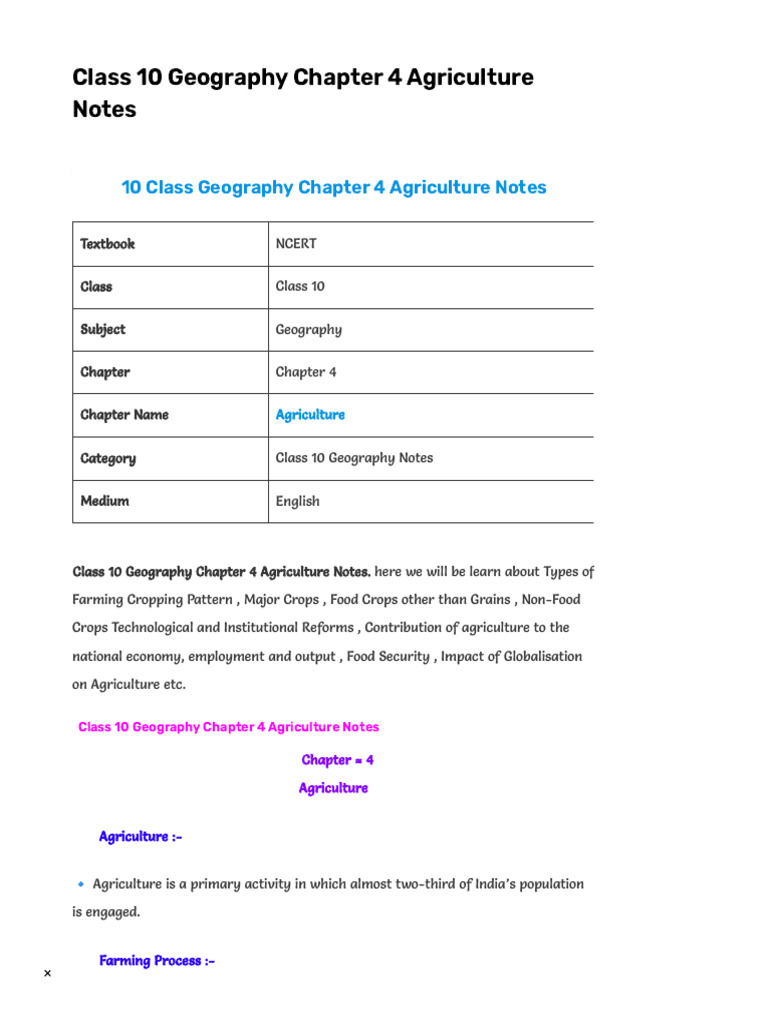 Class 10 Geography Chapter 4 Agriculture Notes | PDF | Agriculture | Crops