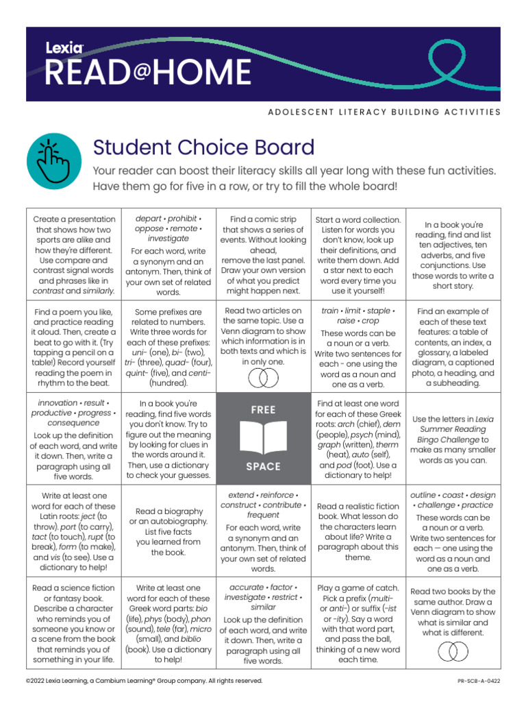 Lexia Student Choice Board Adolescent | PDF | Word | Linguistic Morphology