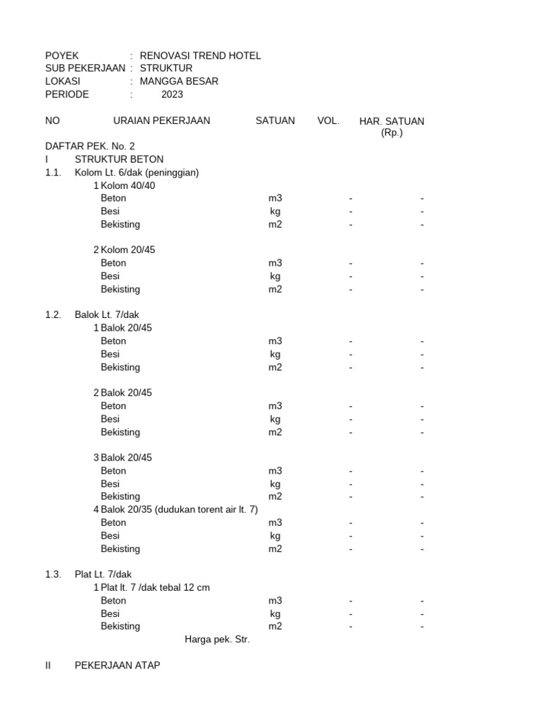 Volume Kontrak Mandor Trend Hotel | PDF